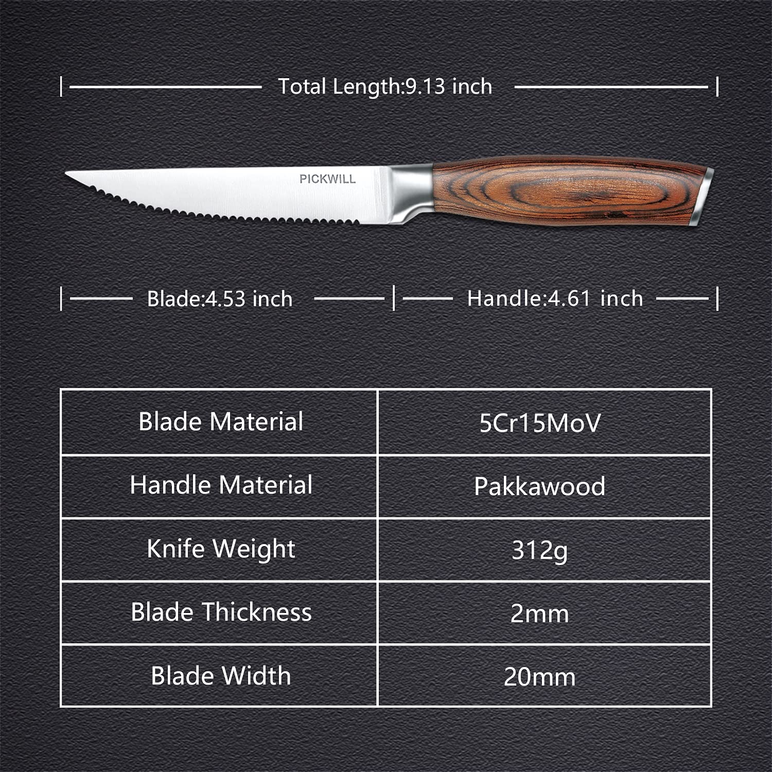 PICKWILL Steak Knives, Serrated Steak Knives Set of 4, Ergonomic Wood Handle, 4.5 Inch High Carbon Stainless Steel Dinner Knives with Gift Box