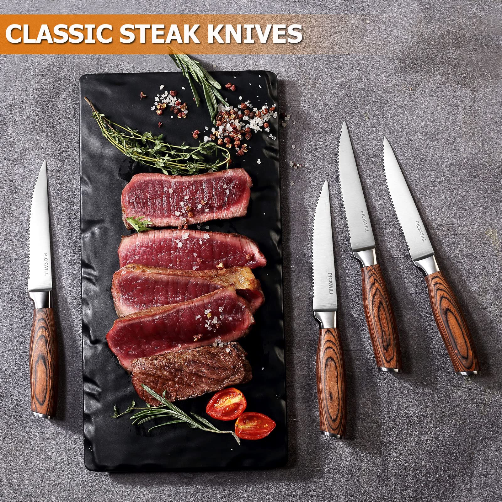 PICKWILL Steak Knives, Serrated Steak Knives Set of 4, Ergonomic Wood Handle, 4.5 Inch High Carbon Stainless Steel Dinner Knives with Gift Box