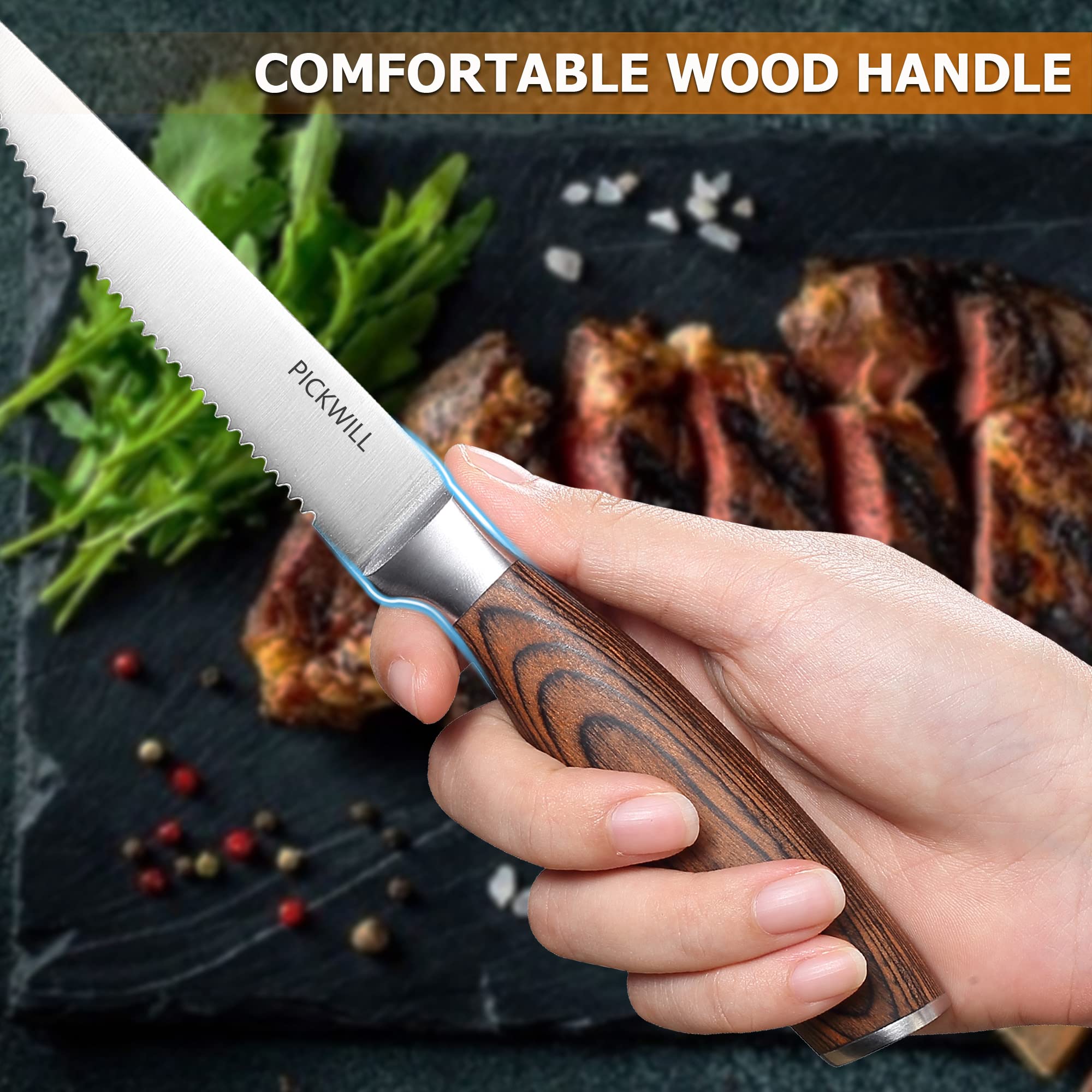 PICKWILL Steak Knives, Serrated Steak Knives Set of 4, Ergonomic Wood Handle, 4.5 Inch High Carbon Stainless Steel Dinner Knives with Gift Box