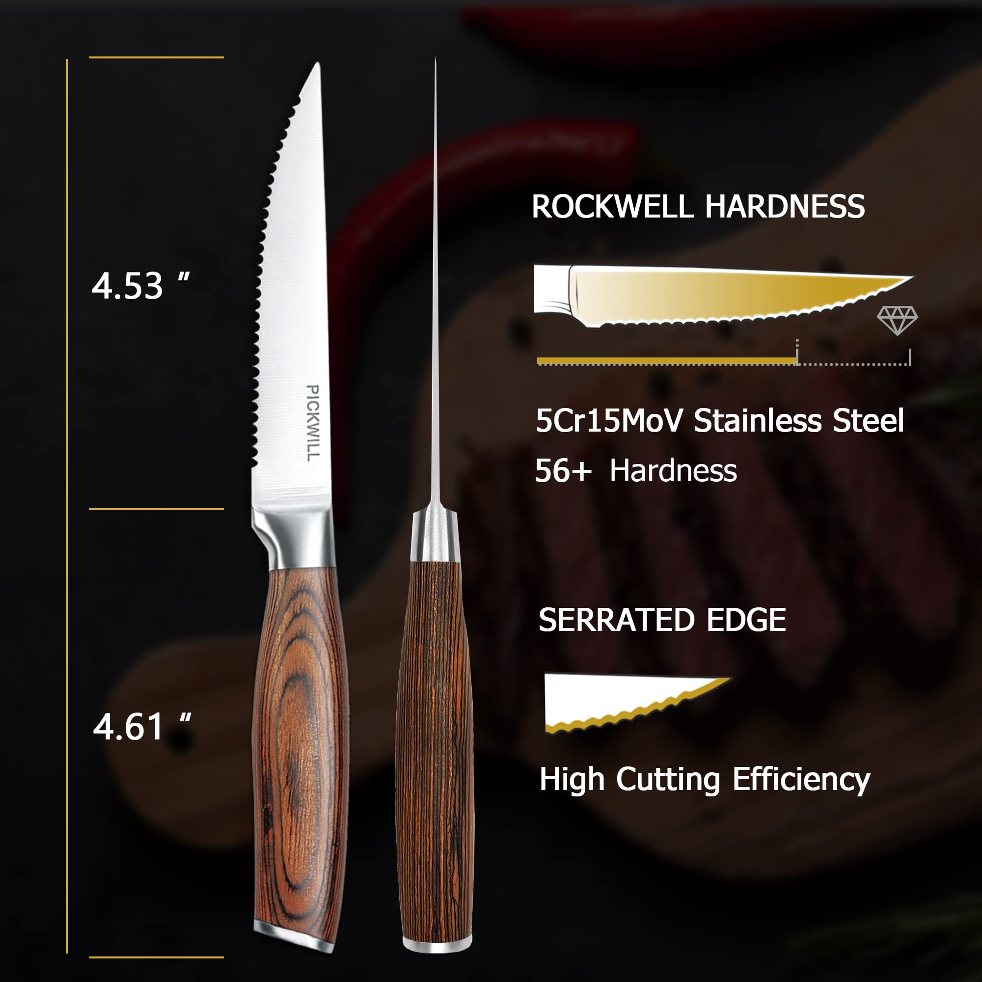 PICKWILL Steak Knives, Serrated Steak Knives Set of 4, Ergonomic Wood Handle, 4.5 Inch High Carbon Stainless Steel Dinner Knives with Gift Box