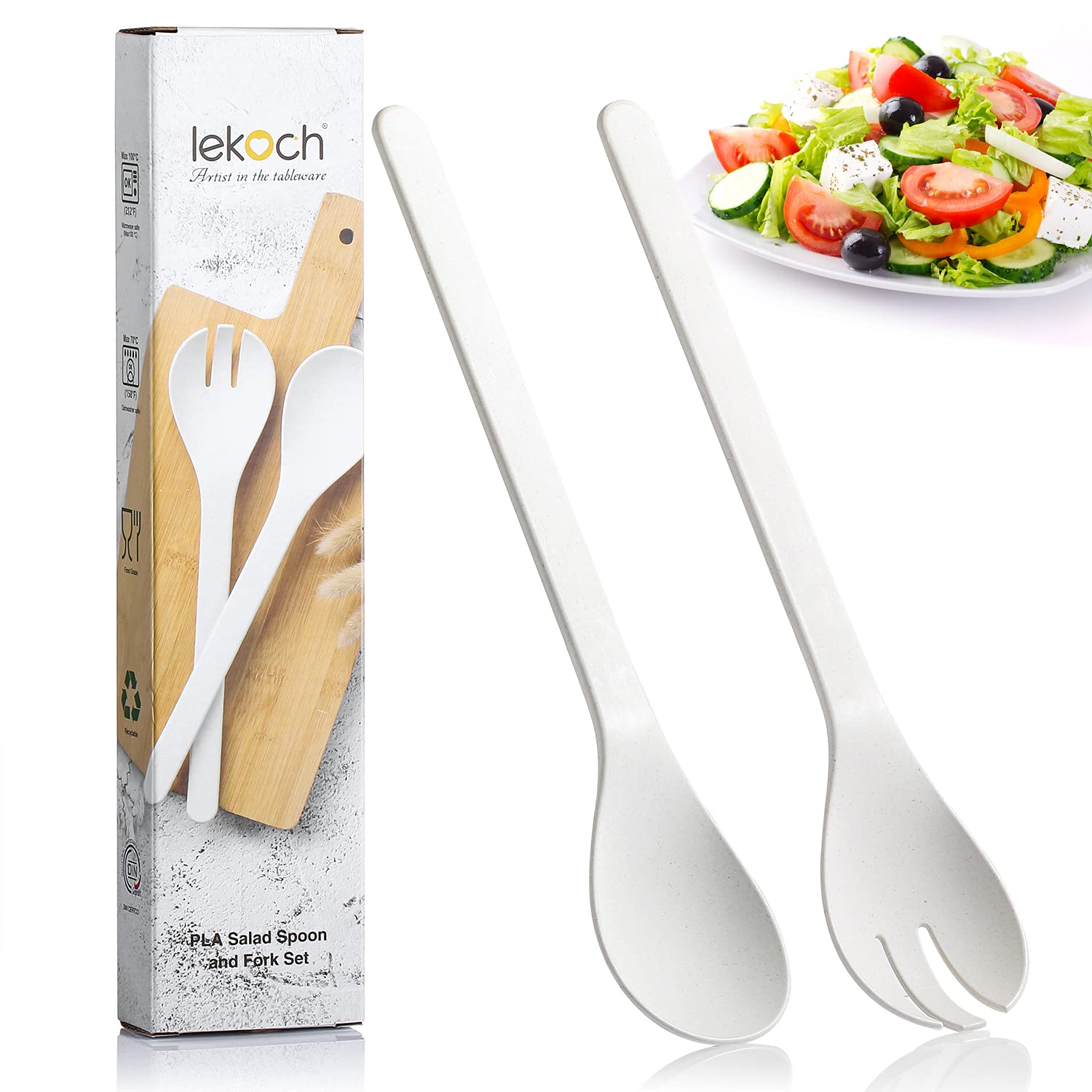 LEKOCH Plant Based Salad Servers Reusable Salad Fork and Spoon Set,Microwave and Dishwasher Safe, Utensils for Christmas,Kitchen,Home,Rv and Camping (White)