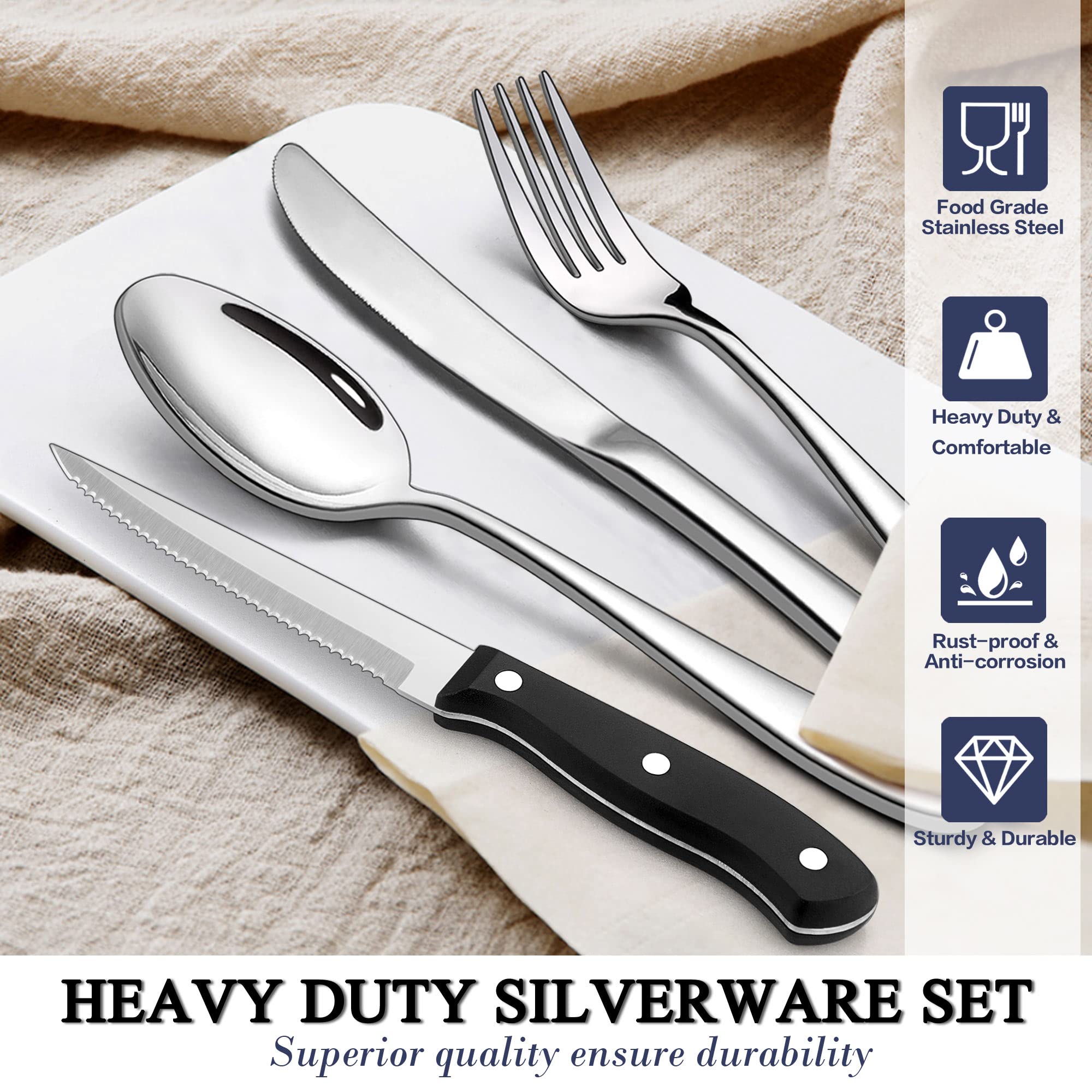 24-Piece Heavy Duty Silverware Set for 4, LIANYU Fancy Stainless Steel Flatware Set with Steak Knives, Thick Cutlery Eating Utensils Include Forks Knives Spoons, Mirror Finished, Dishwasher Safe