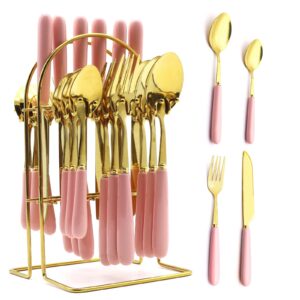 gold silverware set, caliamary 24 pieces flatware set with silverware holder, stainless steel knives and forks and spoons cutlery set service for 6, kitchen utensil tableware set with pink handle