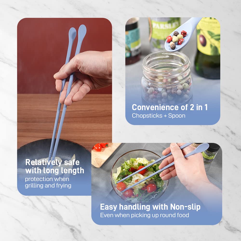 RECOHOME Reusable Long Silicone Cooking Chopsticks with Spoon 12 Inches Dishwasher Safe BPA-free Non-Slip Pastel Color Kitchen utensils Made in Korea (Pastel Blue)