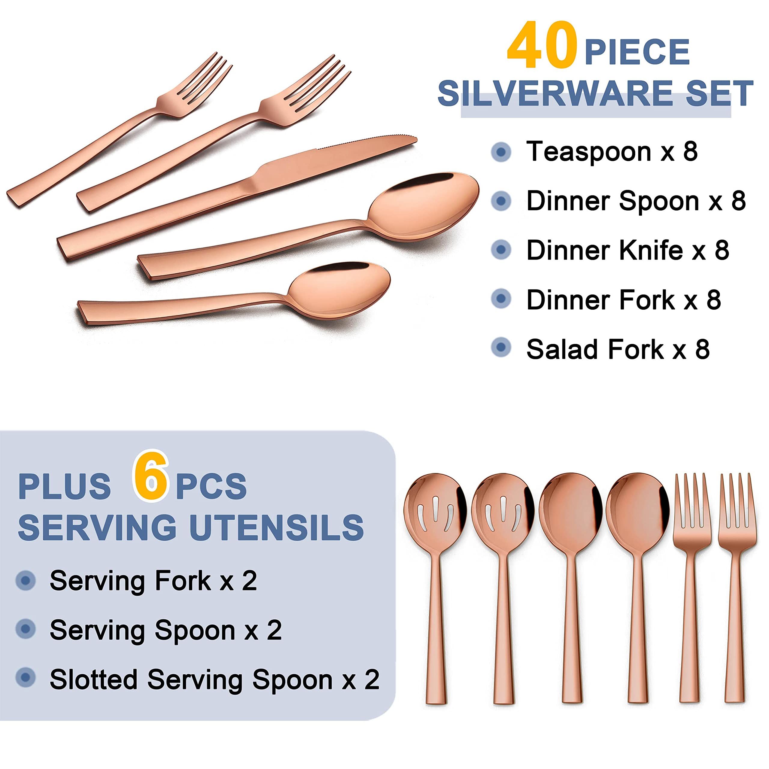 Homikit 46-Piece Copper Silverware Set with Serving Utensils, Stainless Steel Square Flatware Cutlery Set for 8, Modern Home Restaurant Hotel Eating Utensils, Include Fork Spoon Knife, Dishwasher Safe