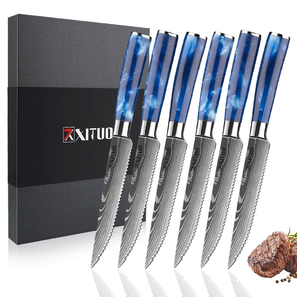 XT XITUO Serrated Steak Knife Set - 6pcs Premium 4.5 inch Kitchen Cutting Steak Knives, German Stainless Steel KnifeTable Dinner Knife with Blue Resin Handle for Home Restaurant, Gift Box