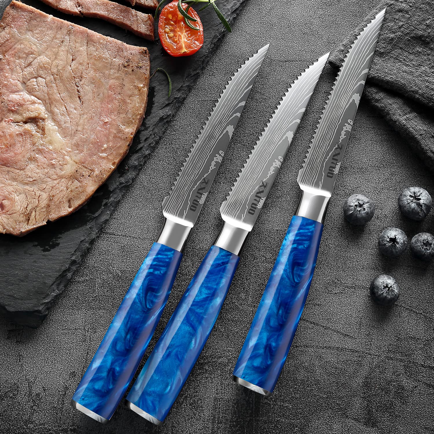 XT XITUO Serrated Steak Knife Set - 6pcs Premium 4.5 inch Kitchen Cutting Steak Knives, German Stainless Steel KnifeTable Dinner Knife with Blue Resin Handle for Home Restaurant, Gift Box