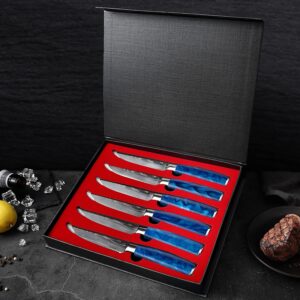 XT XITUO Serrated Steak Knife Set - 6pcs Premium 4.5 inch Kitchen Cutting Steak Knives, German Stainless Steel KnifeTable Dinner Knife with Blue Resin Handle for Home Restaurant, Gift Box