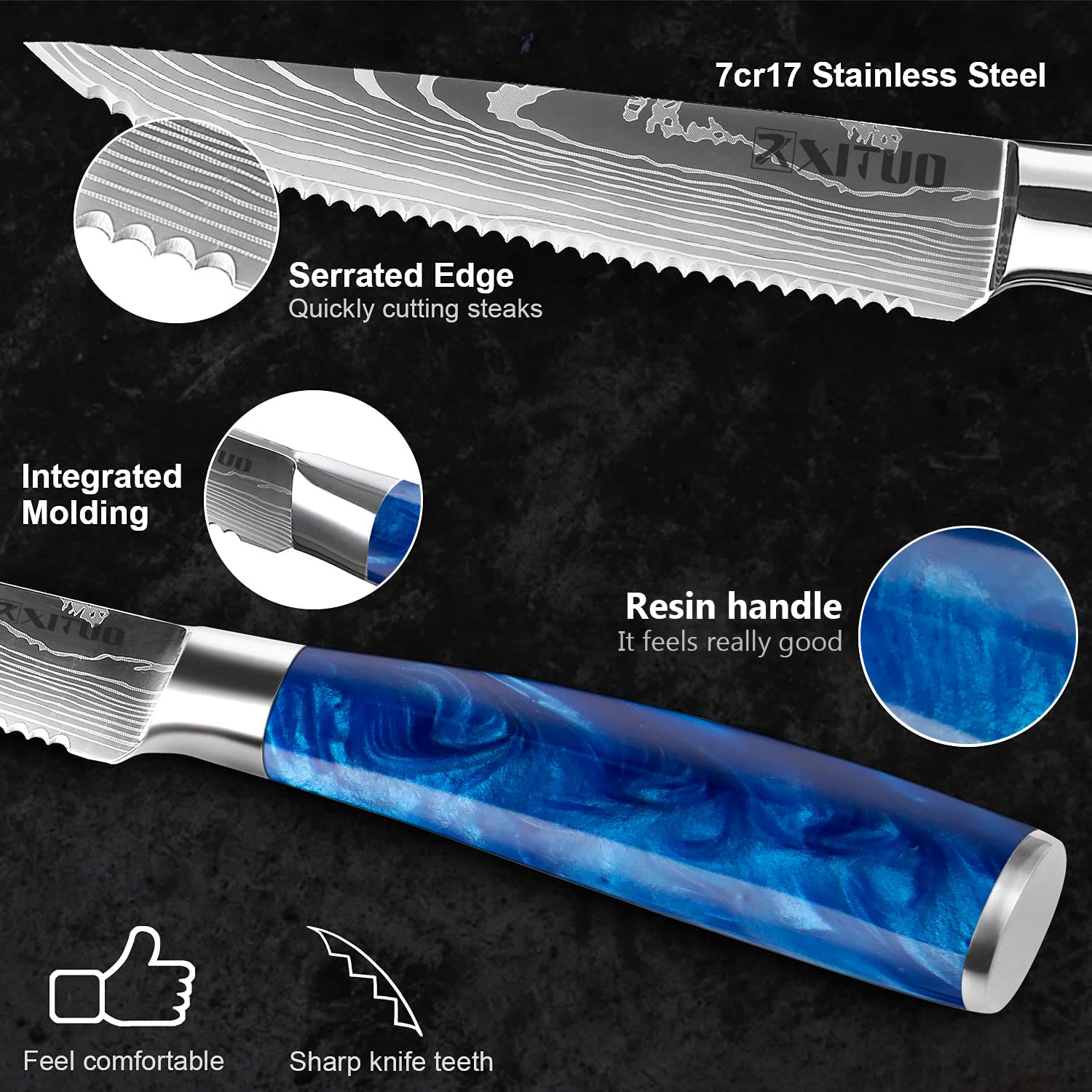 XT XITUO Serrated Steak Knife Set - 6pcs Premium 4.5 inch Kitchen Cutting Steak Knives, German Stainless Steel KnifeTable Dinner Knife with Blue Resin Handle for Home Restaurant, Gift Box