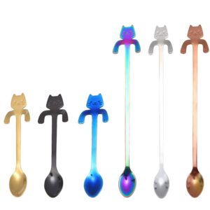 6 pcs cat spoon coffee tea spoon set, esrise stainless steel hanging cup teaspoons demitasse mini long cute kitten stirring spoon for dessert drink mixing milkshake (multi)