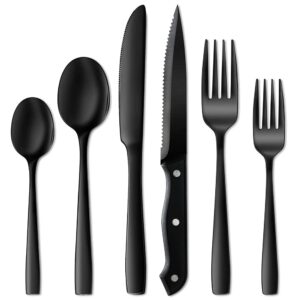 jgjgjg silverware set,24 piece stainless steel flatware cutlery set service for 4,include steak knives/knife/fork/spoon,mirror finish, dishwasher safe perfect for home kitchen restaurant (black)