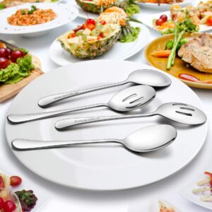 LIANYU 2 Serving Spoons, 2 Slotted Serving Spoons, 2 Serving Forks, 8 3/4 Inch Stainless Steel Buffet Catering Party Banquet Serving Spoons Forks Set, Mirror Finished, Dishwasher Safe