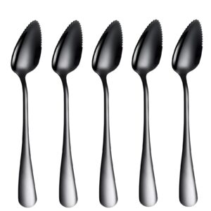 5 pcs grapefruit spoons, stainless steel grapefruit spoon utensil set, serrated edge & thick gauge handle, black kitchen tool with non-stick plating for kiwi, dessert, apple, citrus fruit