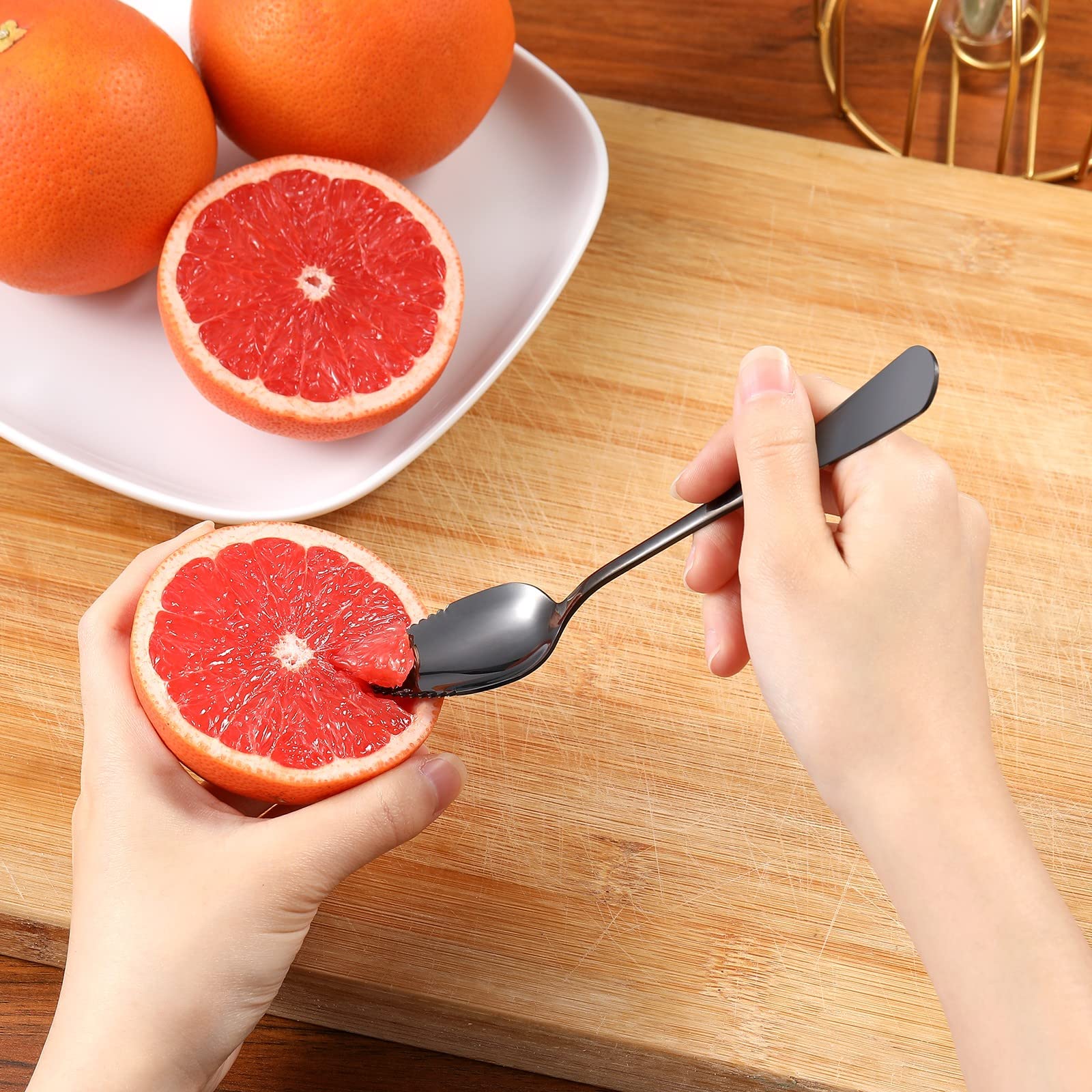 5 PCS Grapefruit Spoons, Stainless Steel Grapefruit Spoon Utensil Set, Serrated Edge & Thick Gauge Handle, Black Kitchen Tool with Non-stick Plating for Kiwi, Dessert, Apple, Citrus Fruit