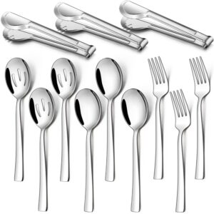 lianyu 12 piece serving utensils, stainless steel serving spoons set, include 3 serving spoons, 3 slotted spoons, 3 serving forks, 3 metal tongs for kitchen buffet party banquet entertaining