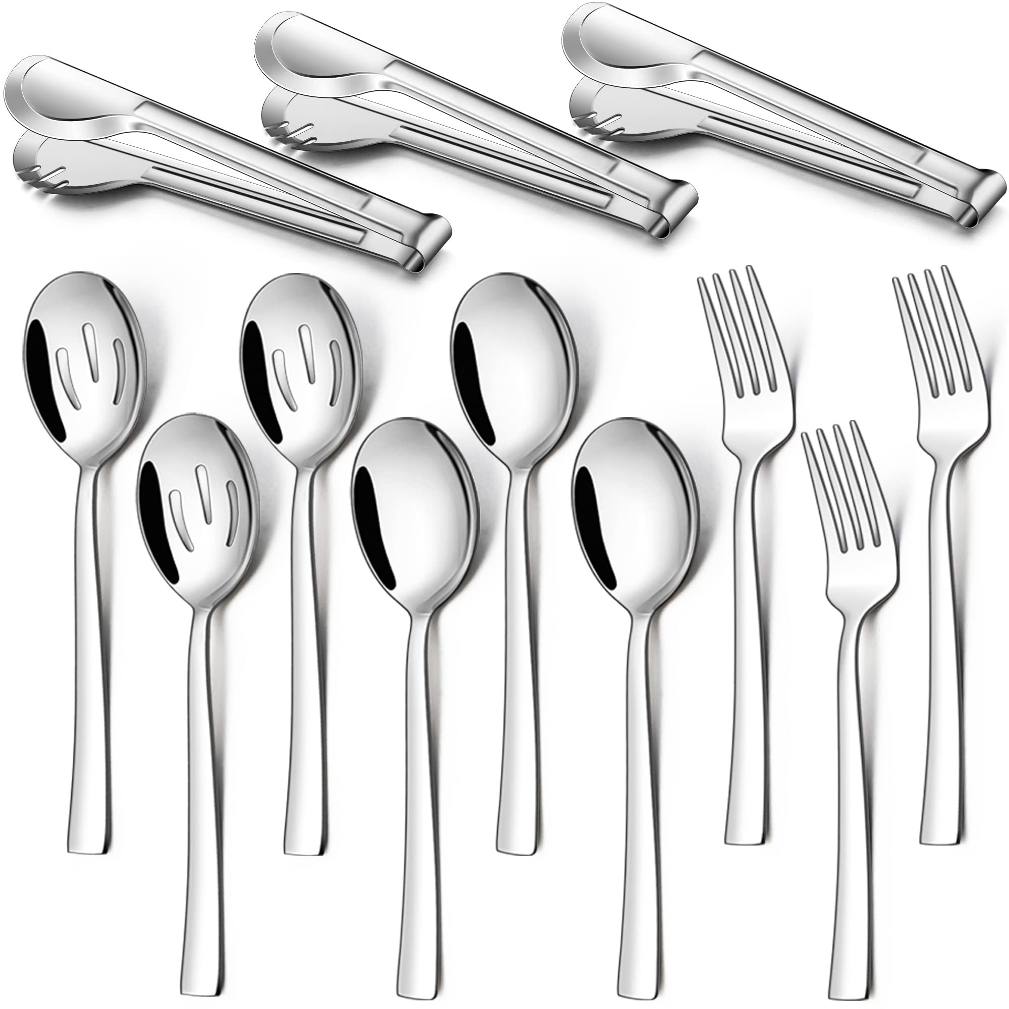 LIANYU 12 Piece Serving Utensils, Stainless Steel Serving Spoons Set, Include 3 Serving Spoons, 3 Slotted Spoons, 3 Serving Forks, 3 Metal Tongs for Kitchen Buffet Party Banquet Entertaining