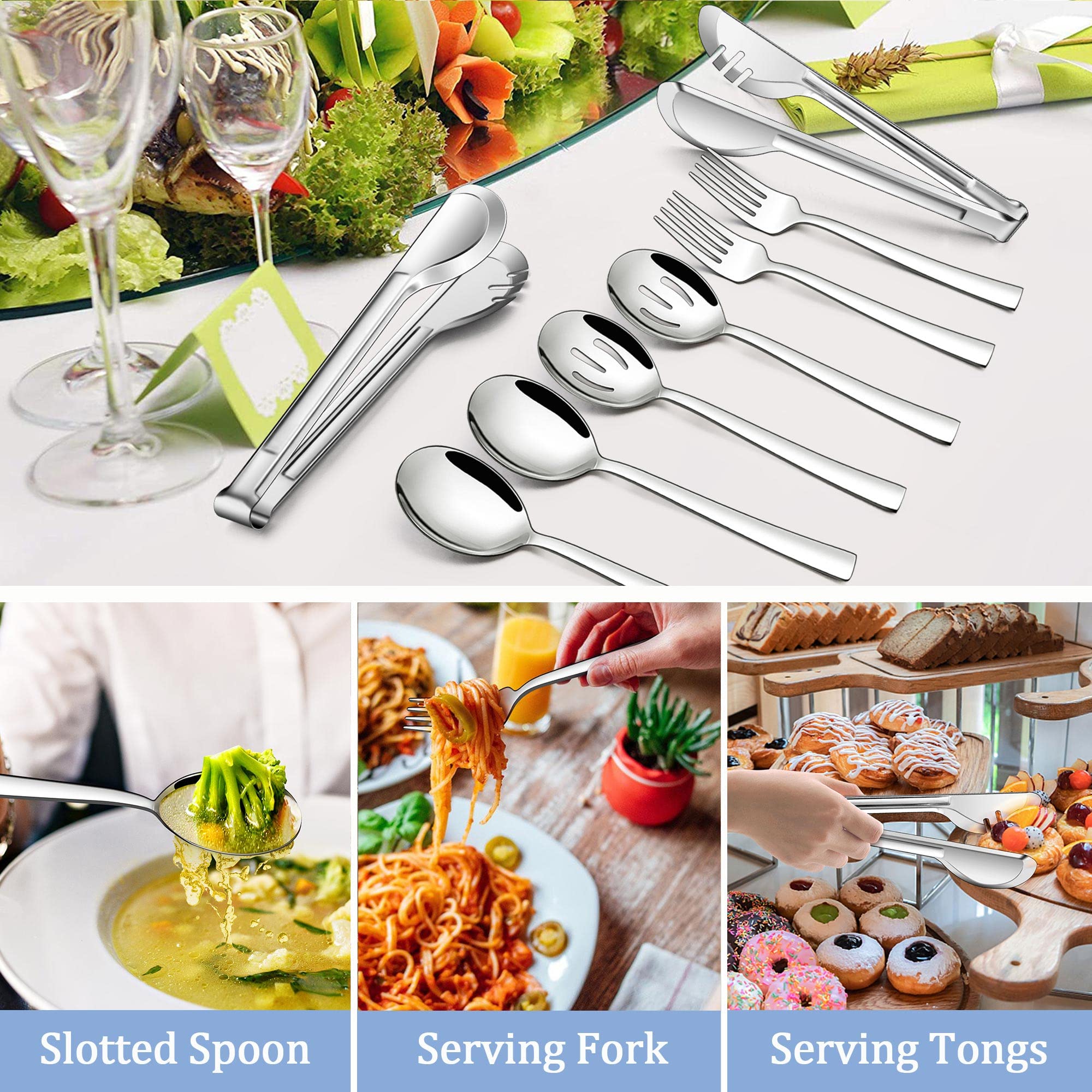 LIANYU 12 Piece Serving Utensils, Stainless Steel Serving Spoons Set, Include 3 Serving Spoons, 3 Slotted Spoons, 3 Serving Forks, 3 Metal Tongs for Kitchen Buffet Party Banquet Entertaining