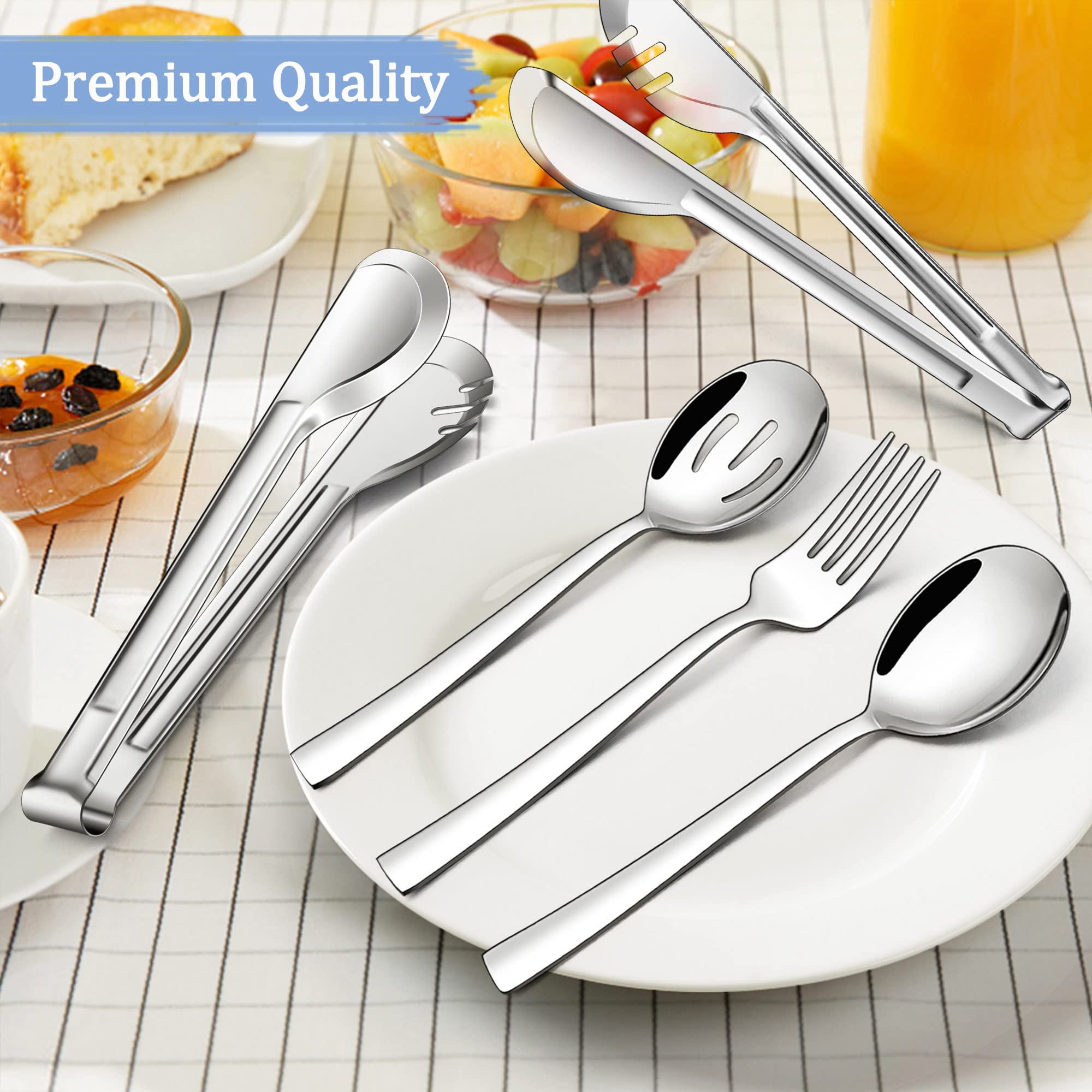 LIANYU 12 Piece Serving Utensils, Stainless Steel Serving Spoons Set, Include 3 Serving Spoons, 3 Slotted Spoons, 3 Serving Forks, 3 Metal Tongs for Kitchen Buffet Party Banquet Entertaining