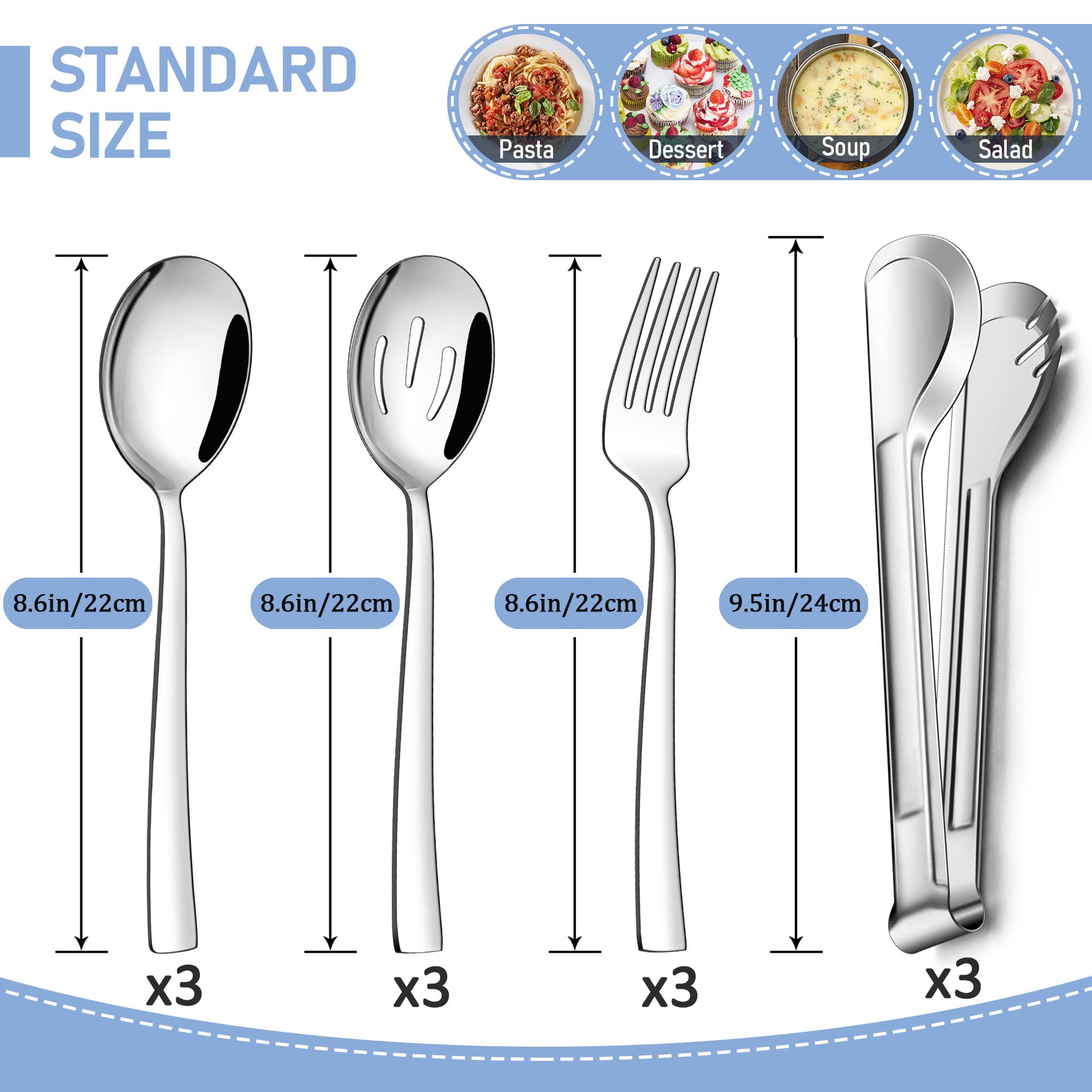 LIANYU 12 Piece Serving Utensils, Stainless Steel Serving Spoons Set, Include 3 Serving Spoons, 3 Slotted Spoons, 3 Serving Forks, 3 Metal Tongs for Kitchen Buffet Party Banquet Entertaining