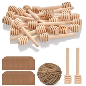 foccts 100pcs honey dipper sticks, 3 inch wooden honey dipper honey stirrers honey spoon with natural jute twine kraft paper tags for honey jar dispense drizzle honey wedding party favors honey server