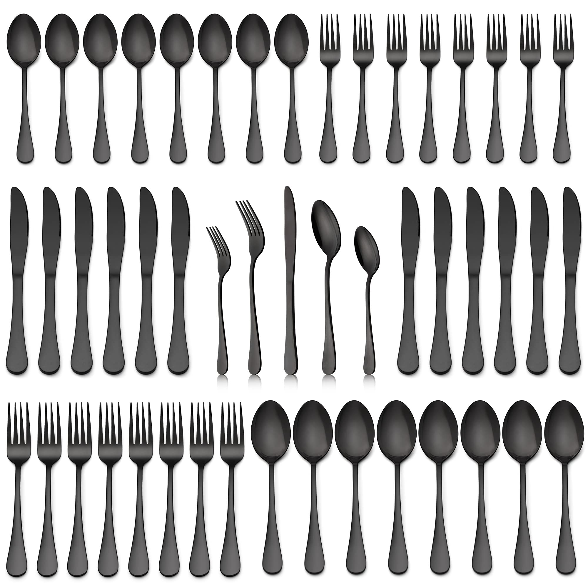 LIANYU Black Silverware Flatware Set for 12, 60-Piece Stainless Steel Cutlery Set Includes Knives Spoons Forks, Mirror Finished, Dishwasher Safe