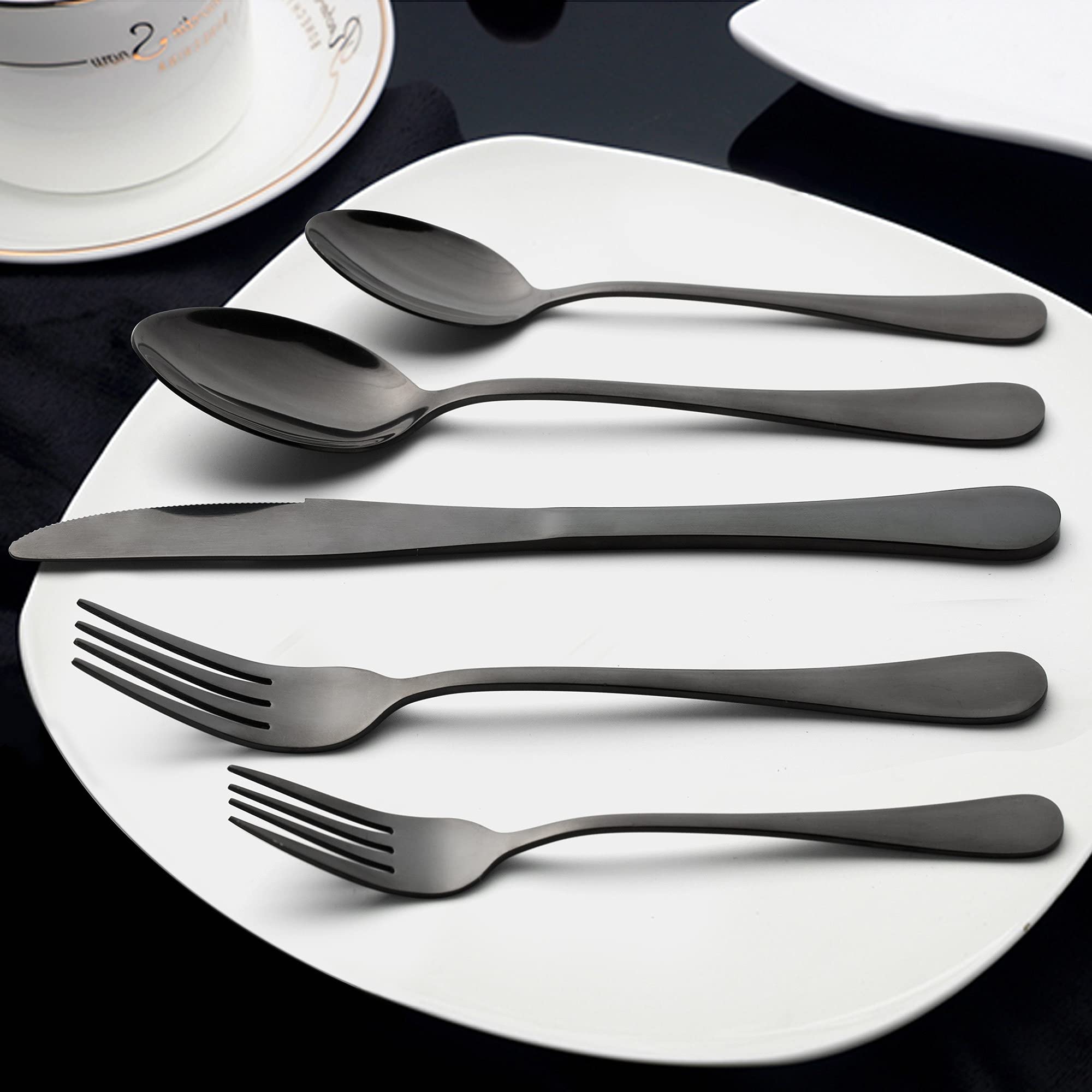 LIANYU Black Silverware Flatware Set for 12, 60-Piece Stainless Steel Cutlery Set Includes Knives Spoons Forks, Mirror Finished, Dishwasher Safe