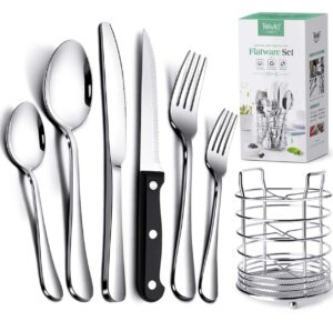 teivio 24-piece stainless steel flatware cutlery set and 4 steak knife, silverware utensil set with countertop caddy, service for 4, include knives/forks/spoons, mirror polished