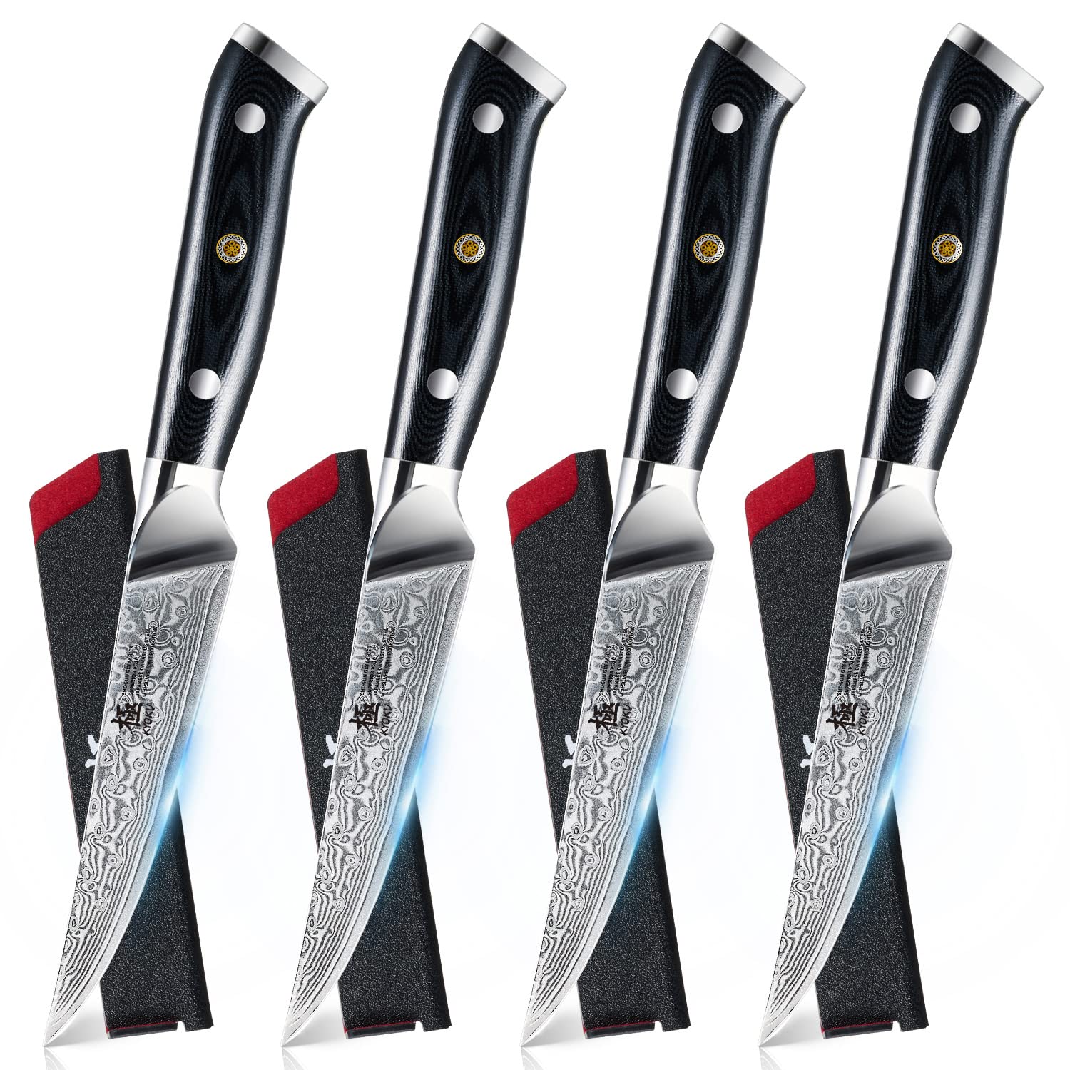 KYOKU Gin Series Steak Knife Set of 4, 4.5" Steak Knives, Japanese VG10 Damascus Stainless Steel Kitchen Knife Set with Silver Ion Blades G10 Handles Mosaic Pins, Cutlery Set w/Sheaths & Case