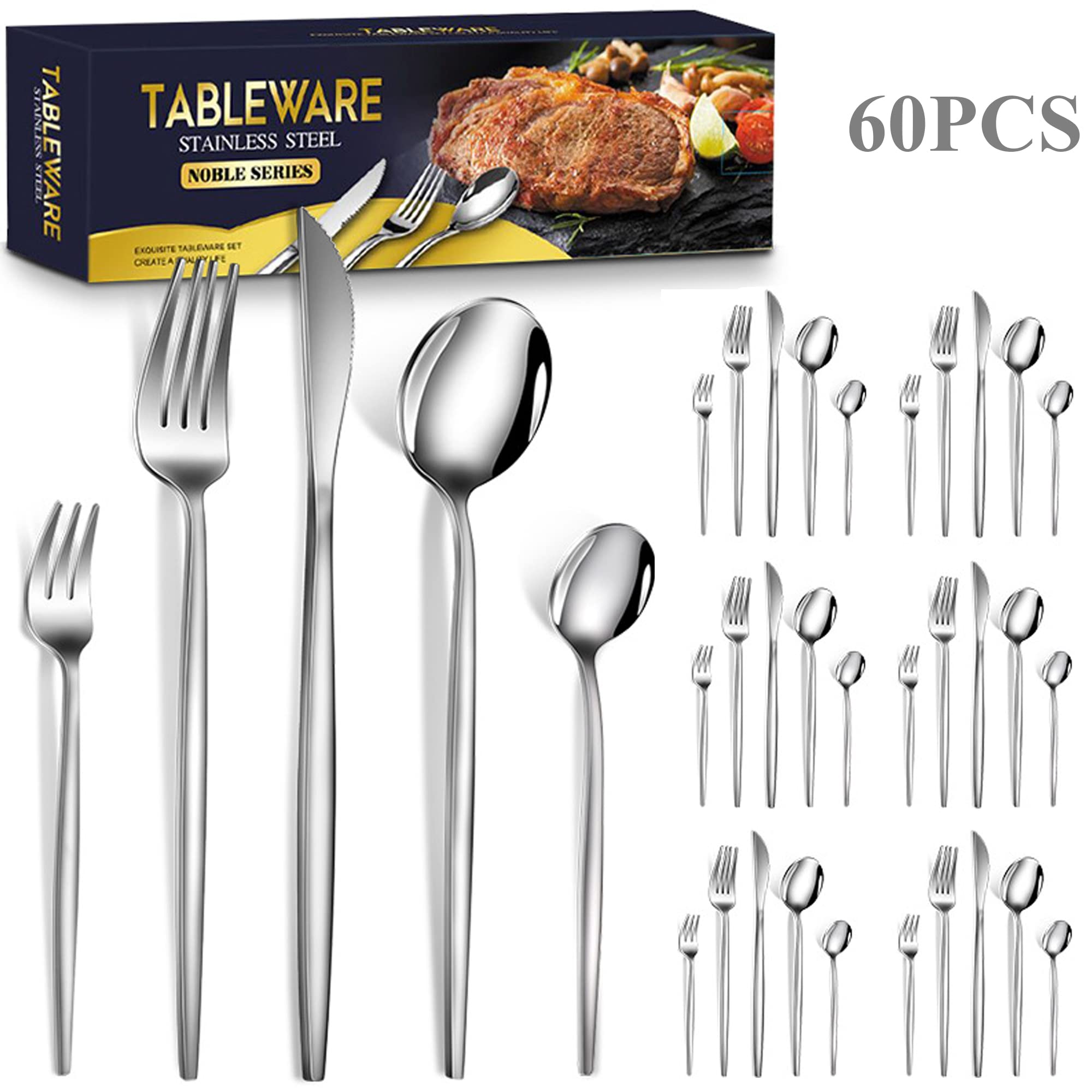 60 Pcs Silverware Set Service for 12, Premium Stainless Steel Flatware Cutlery Set With Giftable Packaging, Tableware Set Include Fork/Knife/Spoon, Mirror Polished, Dishwasher Safe