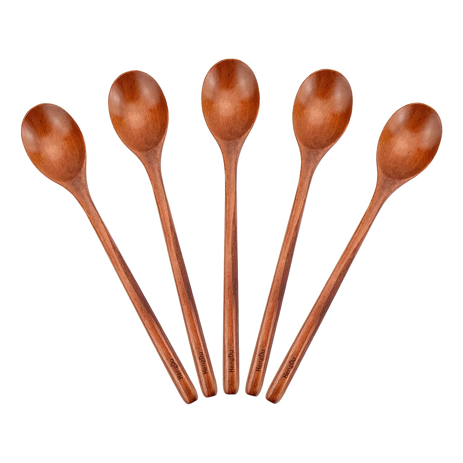 HengDu Wooden Spoons for Eating，9.06 inch Japanese Korean Log Unspliced Dinner Spoon Set of 5