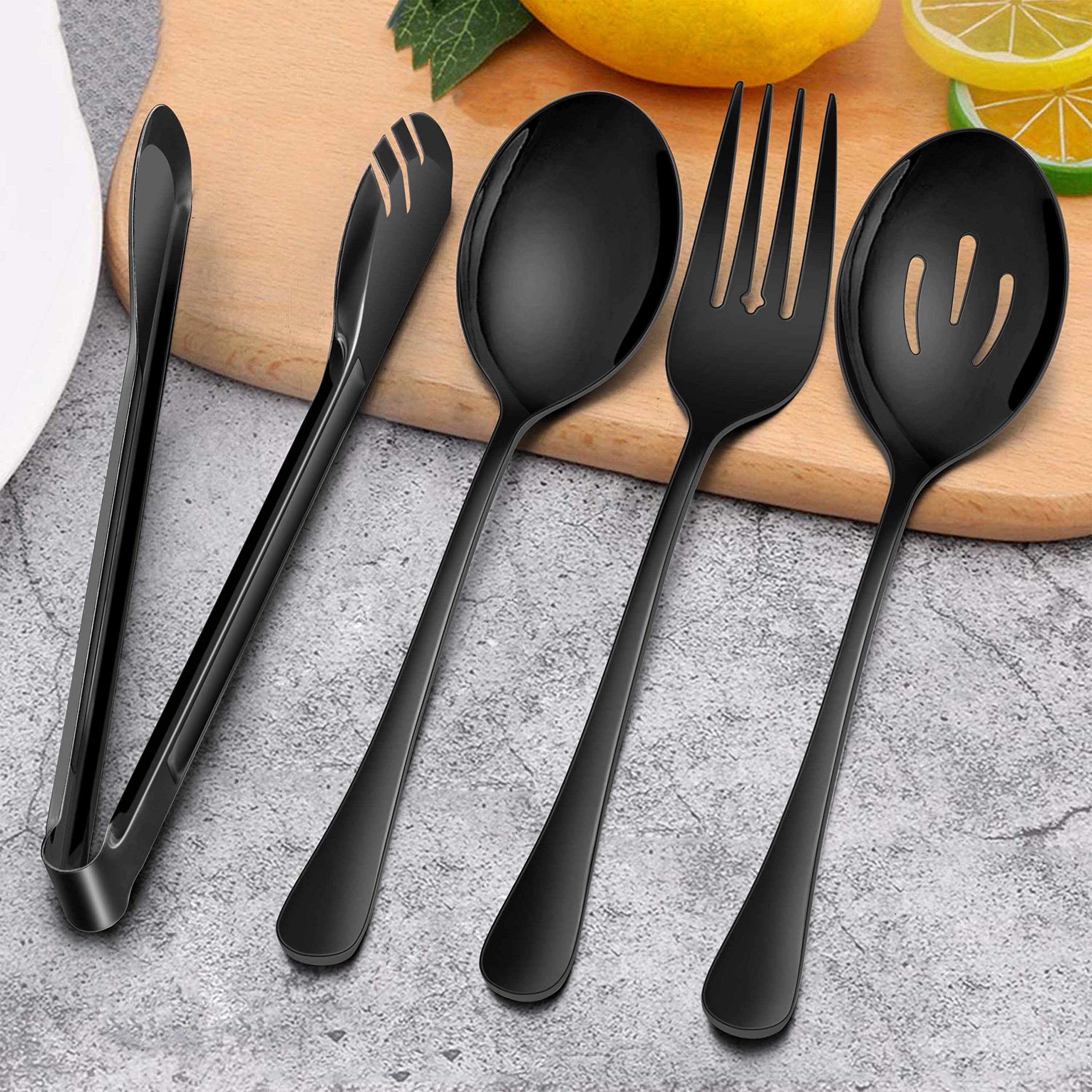 Homikit 8-Piece Stainless Steel Large Serving Spoons, Slotted Serving Spoons, Serving Forks, Serving Tongs, Black Metal Catering Banquet Buffet Party Serving Utensils, Mirror Polished, Dishwasher Safe