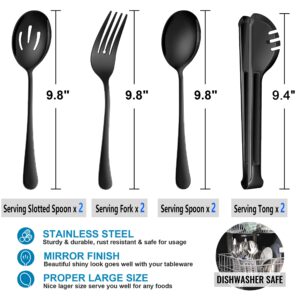 Homikit 8-Piece Stainless Steel Large Serving Spoons, Slotted Serving Spoons, Serving Forks, Serving Tongs, Black Metal Catering Banquet Buffet Party Serving Utensils, Mirror Polished, Dishwasher Safe