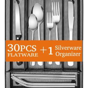 E-far 31-Piece Silverware Set, Stainless Steel Flatware Cutlery Set Service for 4 with Mesh Utensil Drawer Organizer, Include Forks/Spoons/Knives/Steak Knives/Straws, Mirror Polish & Dishwasher Safe