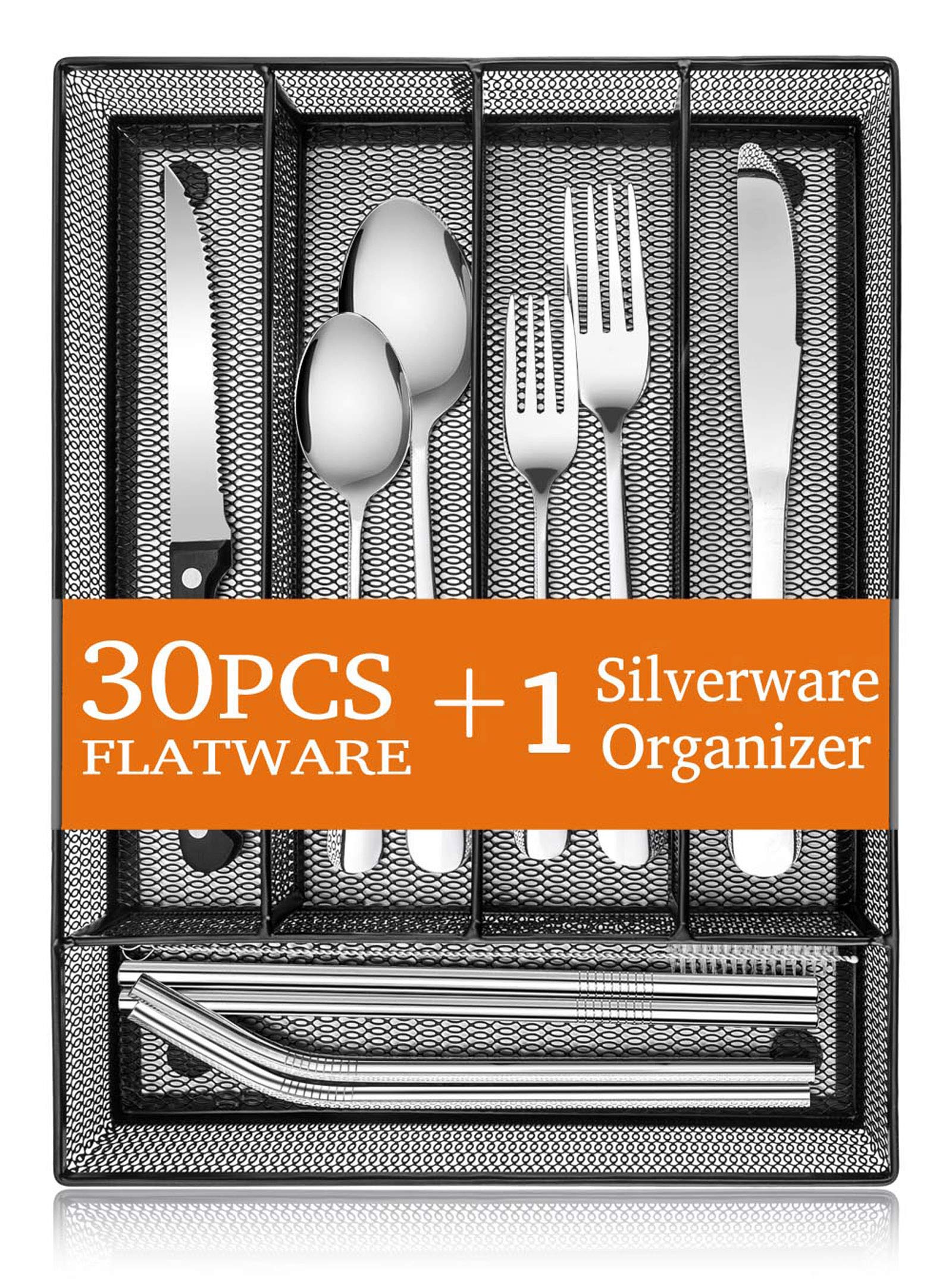 E-far 31-Piece Silverware Set, Stainless Steel Flatware Cutlery Set Service for 4 with Mesh Utensil Drawer Organizer, Include Forks/Spoons/Knives/Steak Knives/Straws, Mirror Polish & Dishwasher Safe