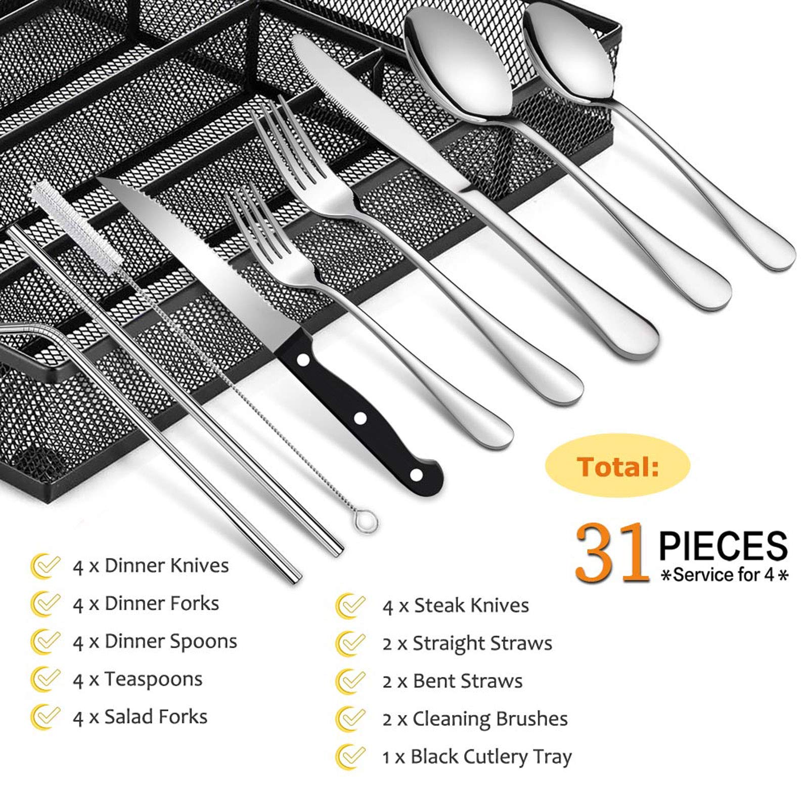 E-far 31-Piece Silverware Set, Stainless Steel Flatware Cutlery Set Service for 4 with Mesh Utensil Drawer Organizer, Include Forks/Spoons/Knives/Steak Knives/Straws, Mirror Polish & Dishwasher Safe