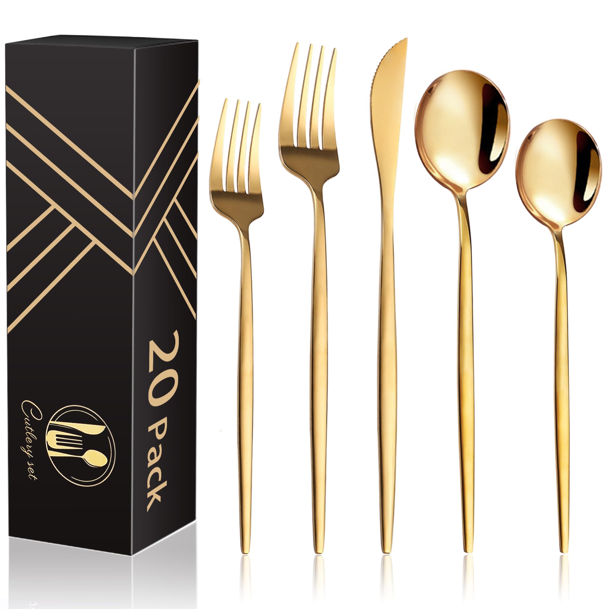 IFERRENS 20-Piece Gold Silverware Set for 4, Titanium Golden Stainless Steel Flatware Set, Golden Cutlery Set for Home and Restaurant, Daily Utensil, Mirror Polished, Dishwasher Safe, Serving for 4