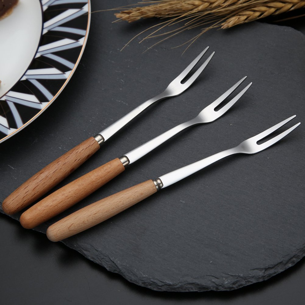 DEEKOUDT 6 Pcs Wooden Handle Stainless Steel Two Prong Forks Fruit Cake Appetizer Forks