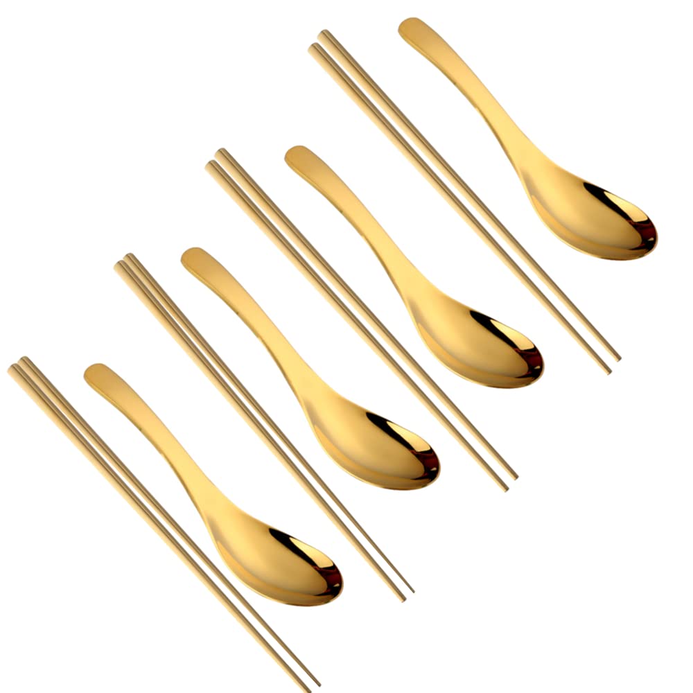 Chinese Metal Soup Spoons and Chopsticks Set for 4 People, Reusable Stainless Steel Ramen Short Handle Spoon Set Asian, Christmas Gift Dishwasher Safe (Gold)