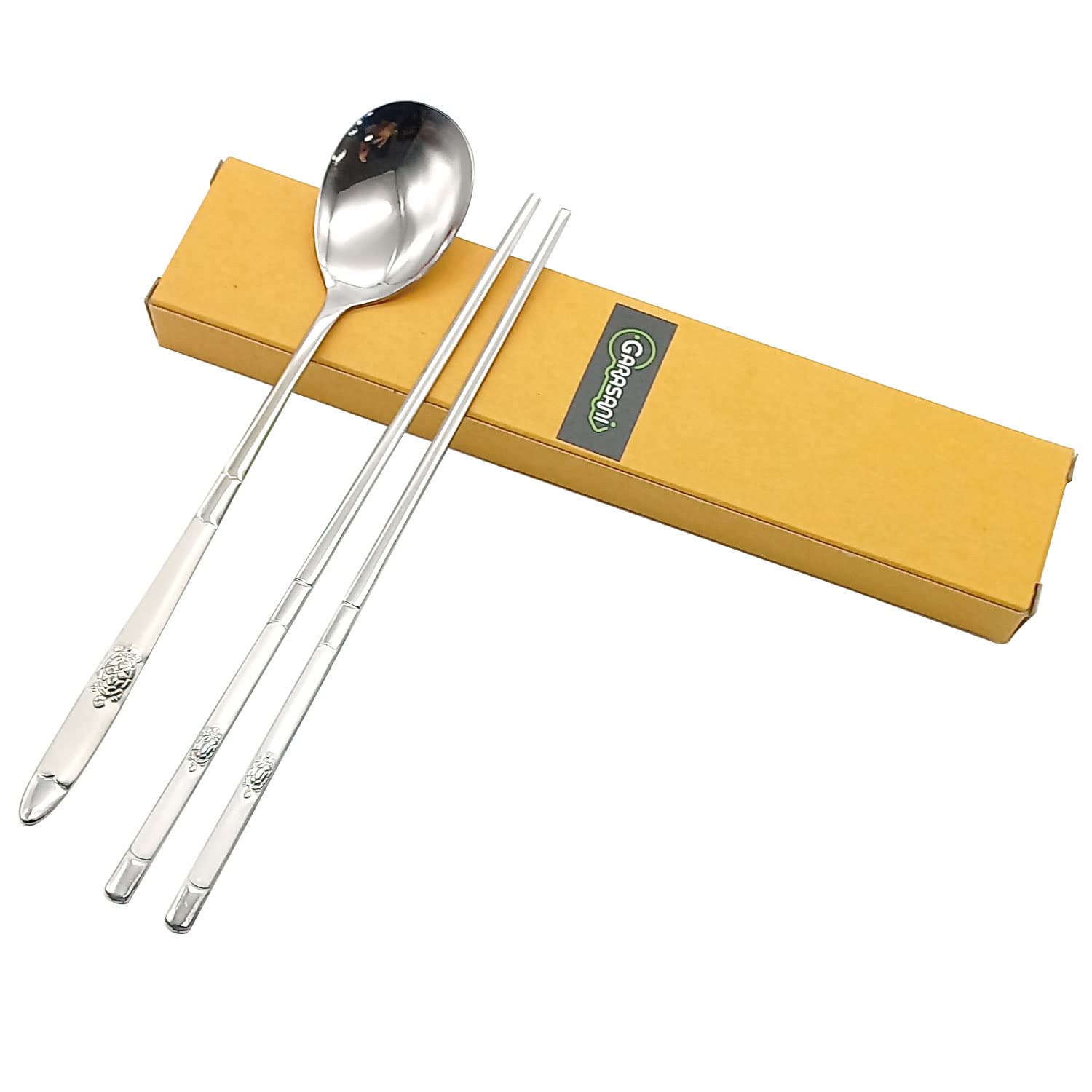 GARASANI Korean Traditional Cutlery Stainless Steel Spoons and Chopsticks Set (Silver Turtle)