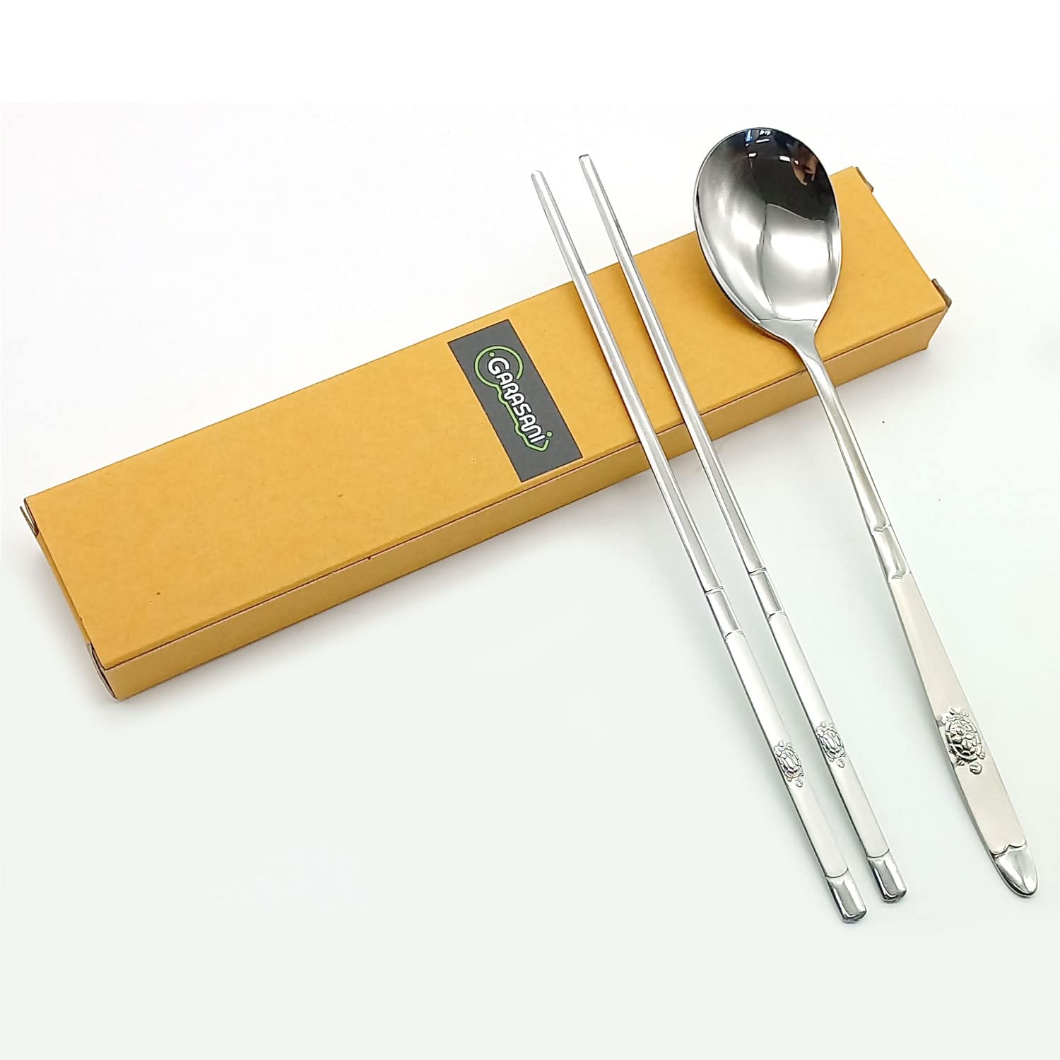 GARASANI Korean Traditional Cutlery Stainless Steel Spoons and Chopsticks Set (Silver Turtle)