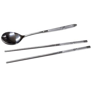 GARASANI Korean Traditional Cutlery Stainless Steel Spoons and Chopsticks Set (Silver Turtle)