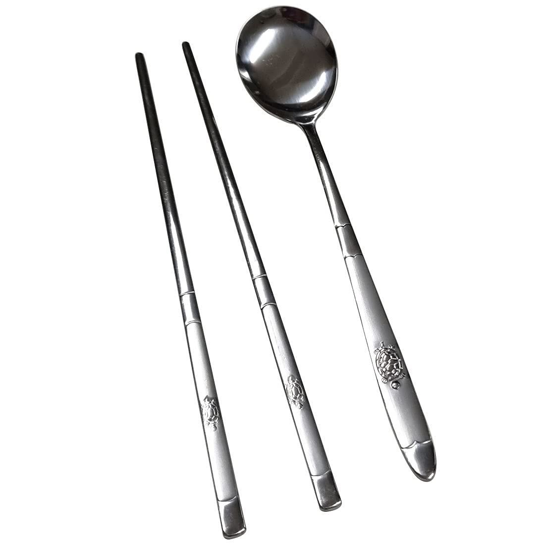 GARASANI Korean Traditional Cutlery Stainless Steel Spoons and Chopsticks Set (Silver Turtle)