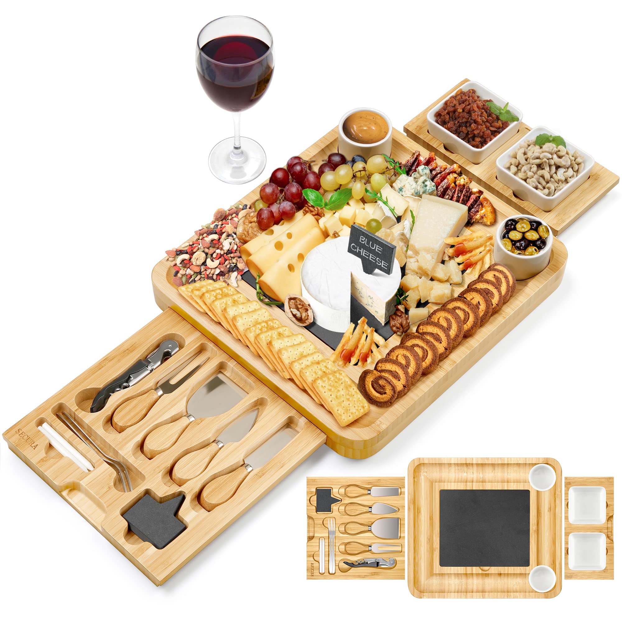 Secura Large Charcuterie, Bamboo Cheese Board and Cutlery Knife Set for Wine Meat Cheese Platter Slate Board Unique Gift for Housewarming, Wedding