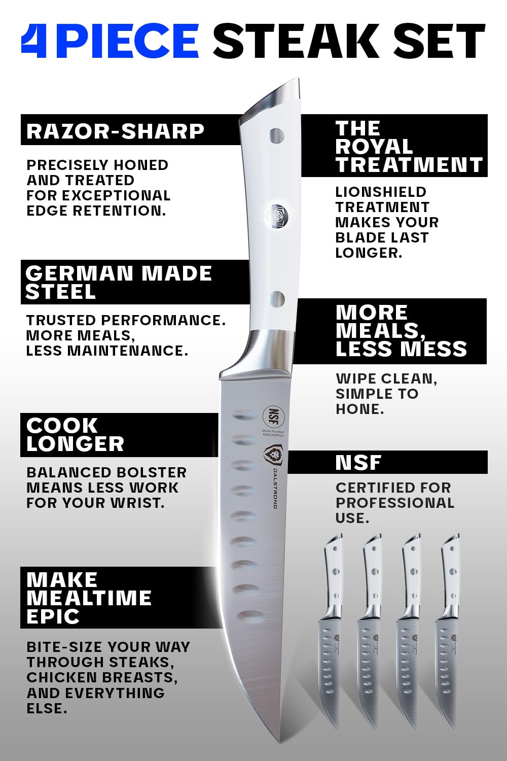 Dalstrong Steak Knife Set - 4-5" Straight Blade Edge - Gladiator Series - Forged German High-Carbon Steel - w/Sheaths - Glacial White ABS Handle - Dinner Set Kitchen Knives