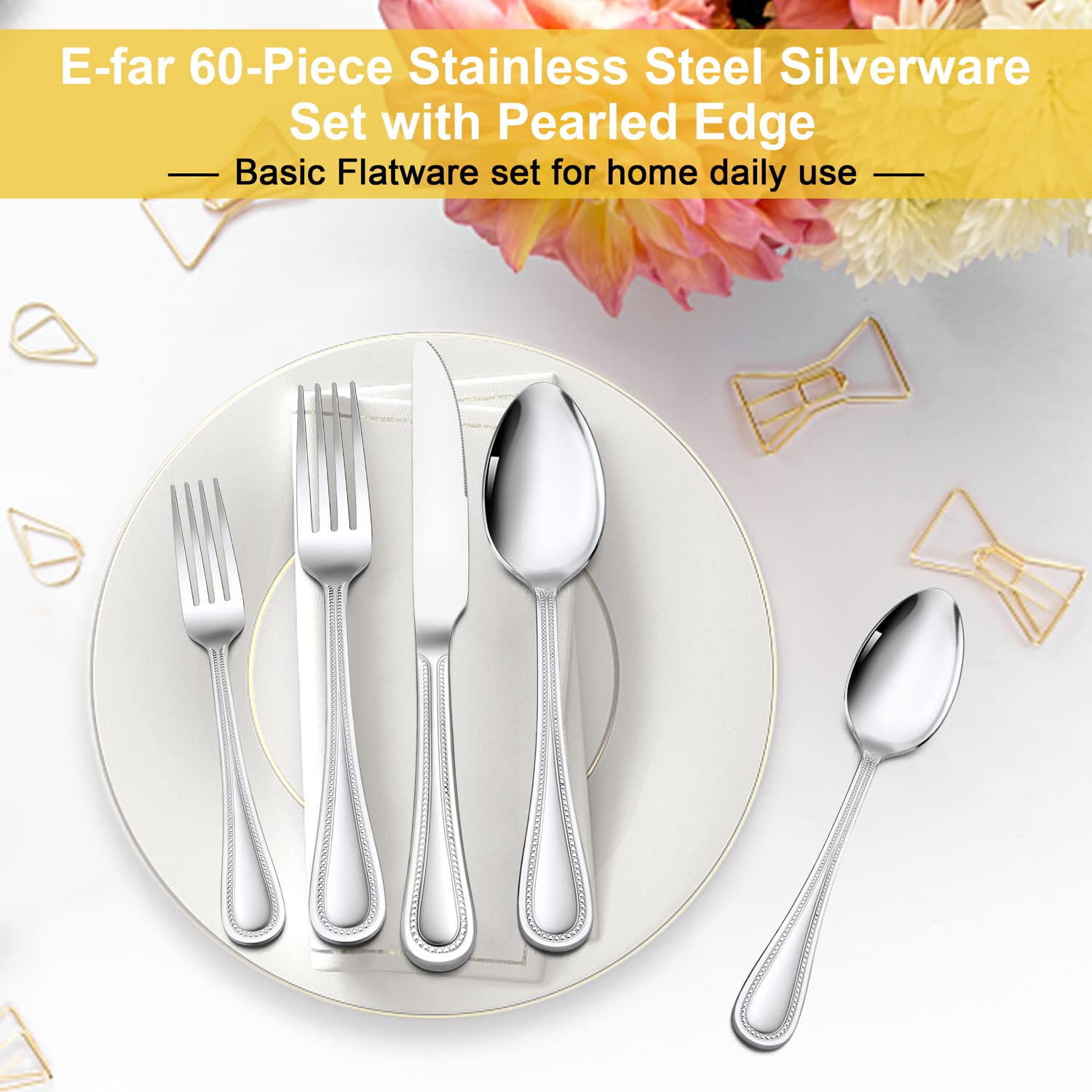 E-far 60-Piece Silverware Set for 12, Stainless Steel Flatware Cutlery Set with Pearled Edge, Include Forks Spoons and Knives, Modern Tableware Eating Utensils for Kitchen Restaurant, Dishwasher Safe