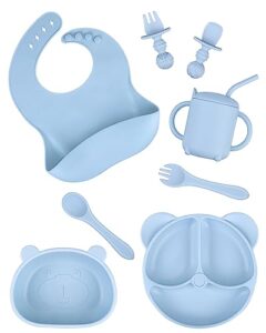 ofun 8 pack silicone toddler feeding set, baby led weaning supplies with adjustable bib, divided suction plate, bowl and a sippy cup, with 2 spoon, 2 folk, eating utensil for 6+ months, blue