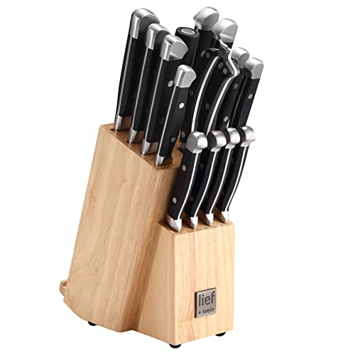 LIEF+SVEIN Brand German Steel Knife Block Set, 15-Piece Kitchen Knife Sets. German Stainless 1.4116 Steel. Unique Kitchen Knives Set with Ipad Holder. Ideal knife set with block and sharpener.