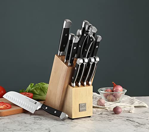 LIEF+SVEIN Brand German Steel Knife Block Set, 15-Piece Kitchen Knife Sets. German Stainless 1.4116 Steel. Unique Kitchen Knives Set with Ipad Holder. Ideal knife set with block and sharpener.