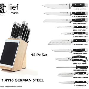 LIEF+SVEIN Brand German Steel Knife Block Set, 15-Piece Kitchen Knife Sets. German Stainless 1.4116 Steel. Unique Kitchen Knives Set with Ipad Holder. Ideal knife set with block and sharpener.