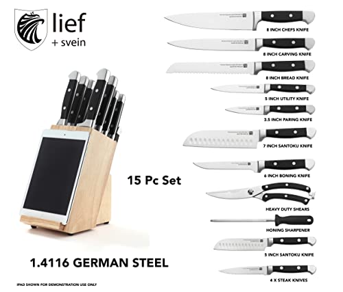 LIEF+SVEIN Brand German Steel Knife Block Set, 15-Piece Kitchen Knife Sets. German Stainless 1.4116 Steel. Unique Kitchen Knives Set with Ipad Holder. Ideal knife set with block and sharpener.